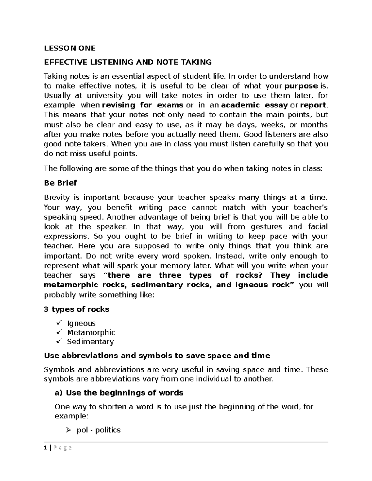 Effective Listening AND NOTE Taking 2 - LESSON ONE EFFECTIVE LISTENING ...