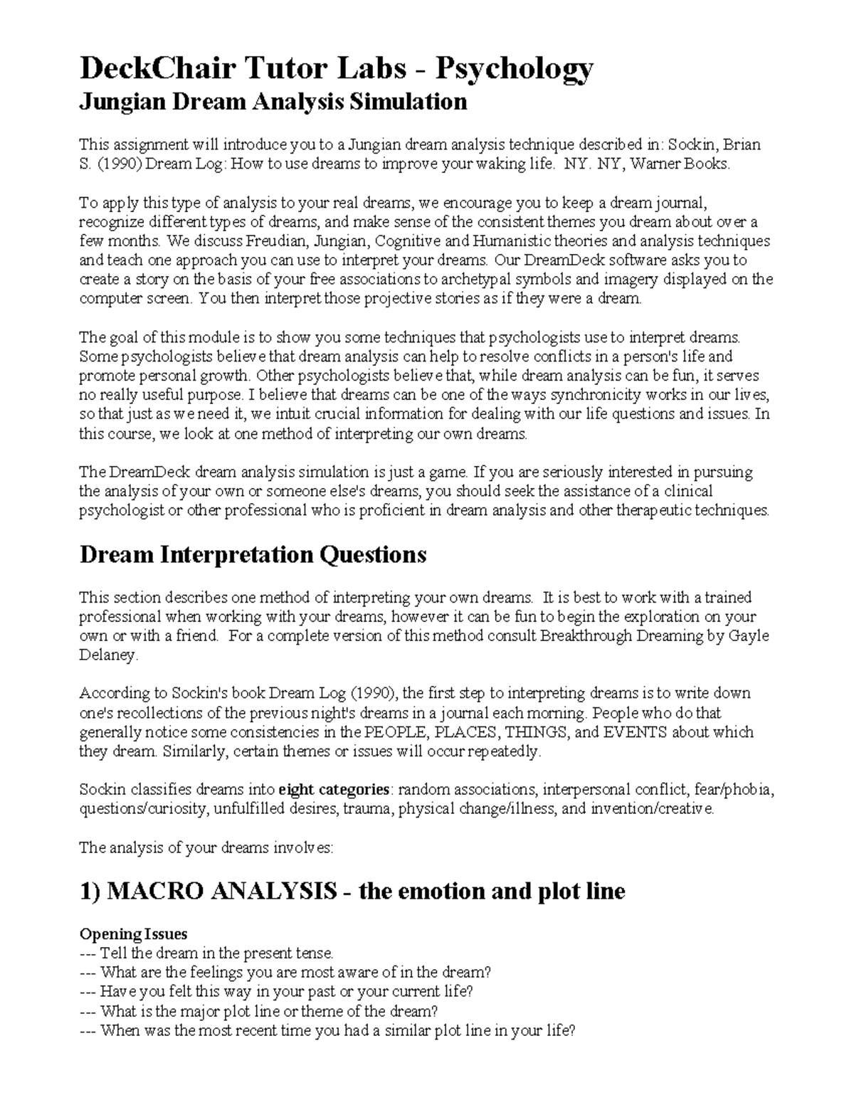 Lab mannual instruction - Dream Analysis - DeckChair Tutor Labs ...