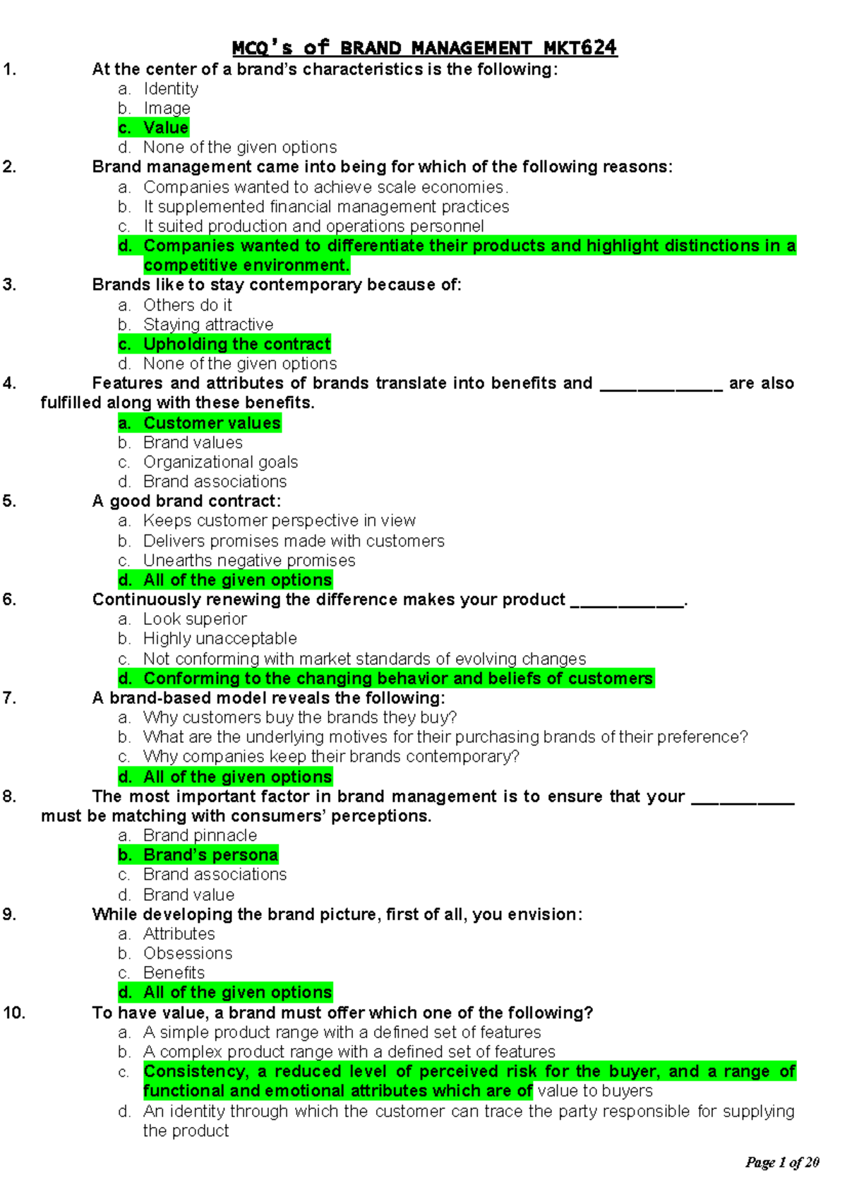 SBM(mcqs) - Question bank revision - MCQ’s of BRAND MANAGEMENT MKT At ...