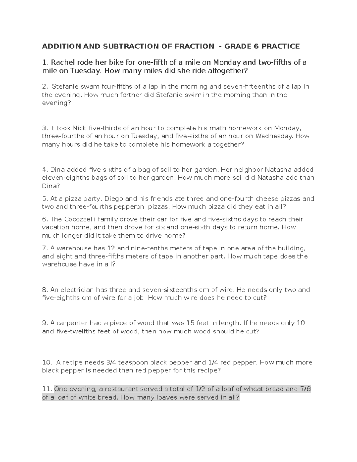 G6- Fraction WORD Problem - ADDITION AND SUBTRACTION OF FRACTION ...