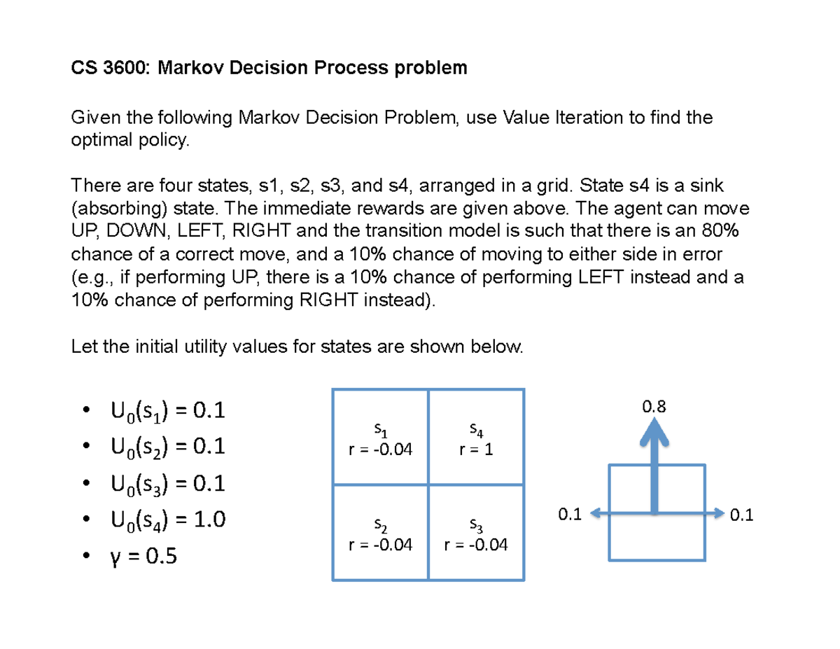 Value-iteration - Exam Practice Problems - • U 0 (s 1 ) = 0. • U 0 (s 2 ...