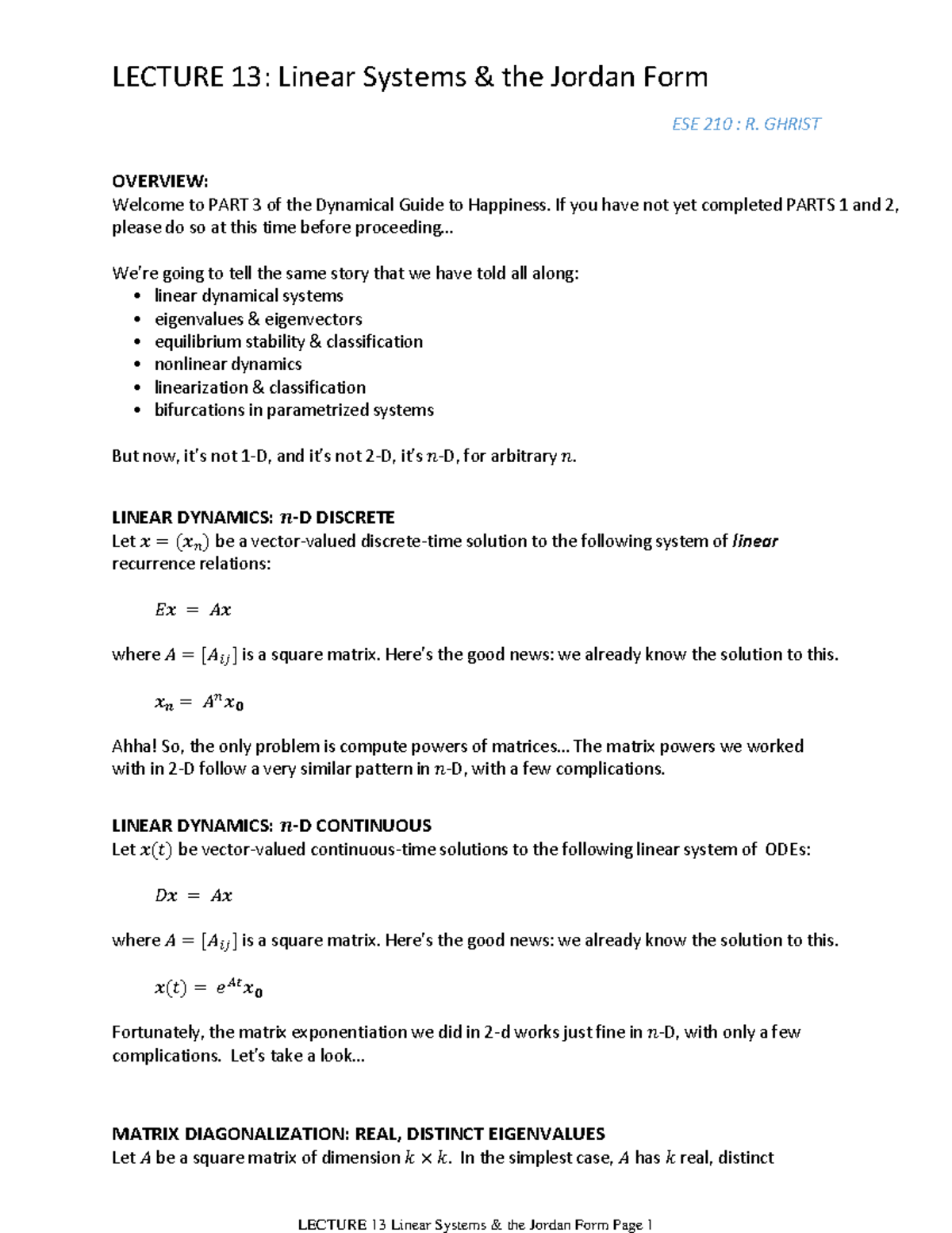 Lecture 13 Linear Systems & the Jordan Form - OVERVIEW: Welcome to PART ...