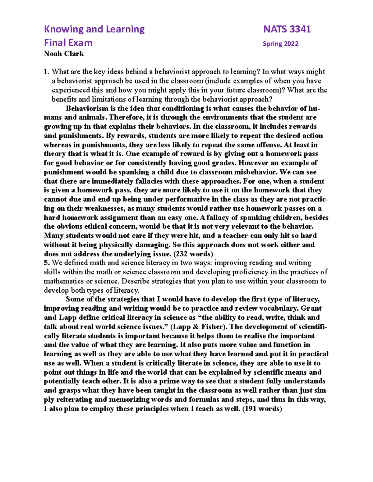KL Final Exam – S22 - Final Exam Spring 2022 Noah Clark What are the ...