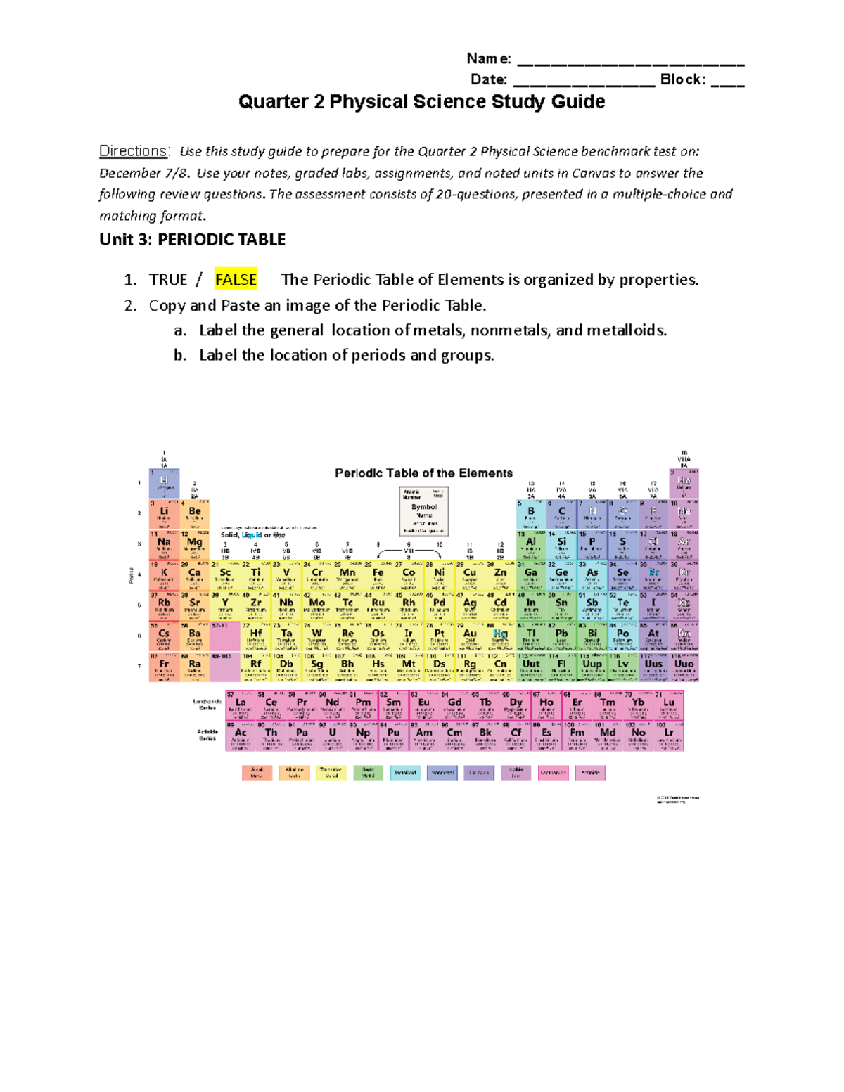 study guide science - Date: _________________ Block: ____ Quarter 2 ...