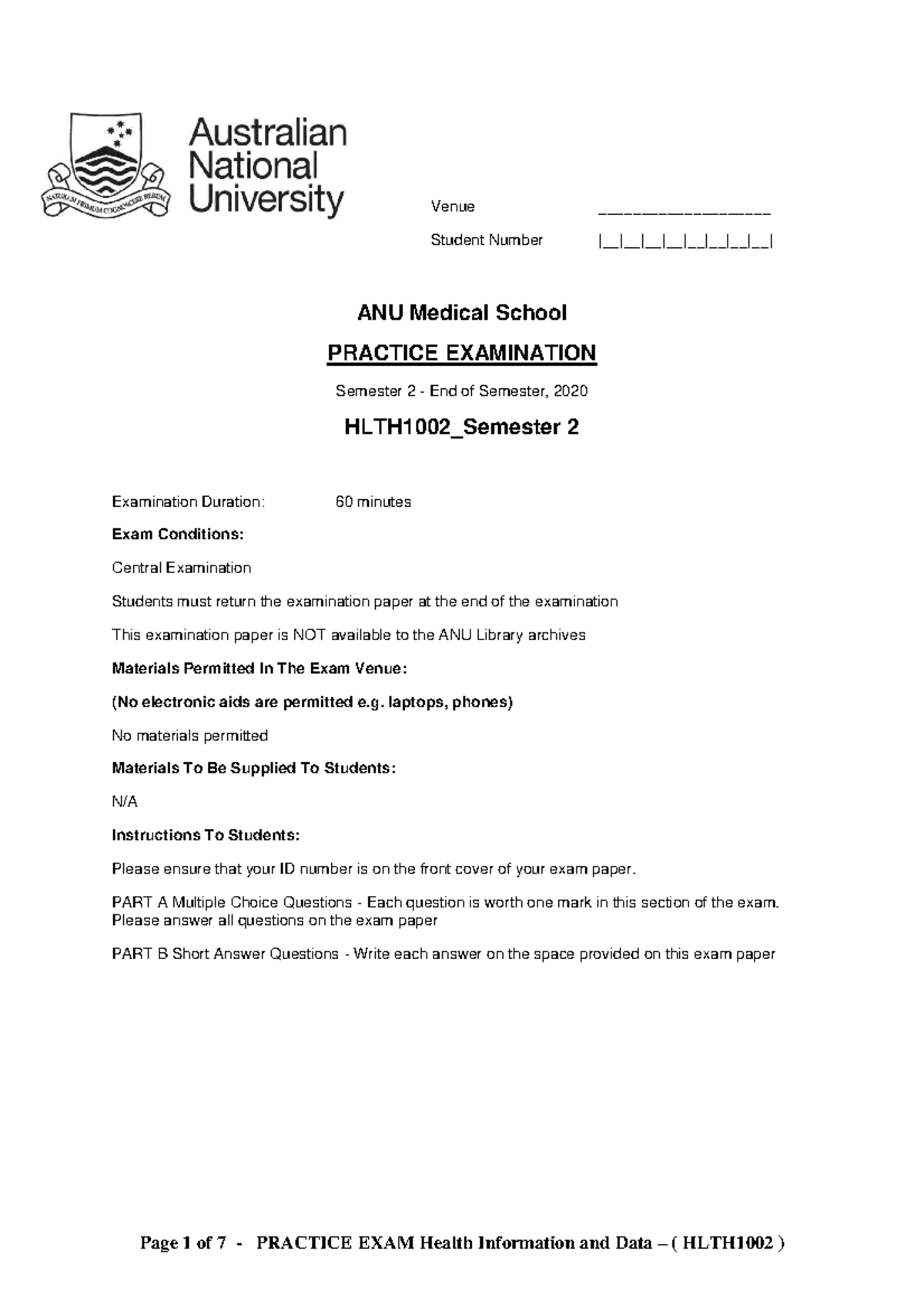 HLTH1002 Practice Exam WIthout Answers - ANU Medical School PRACTICE EXAMINATION Semester 2 ...