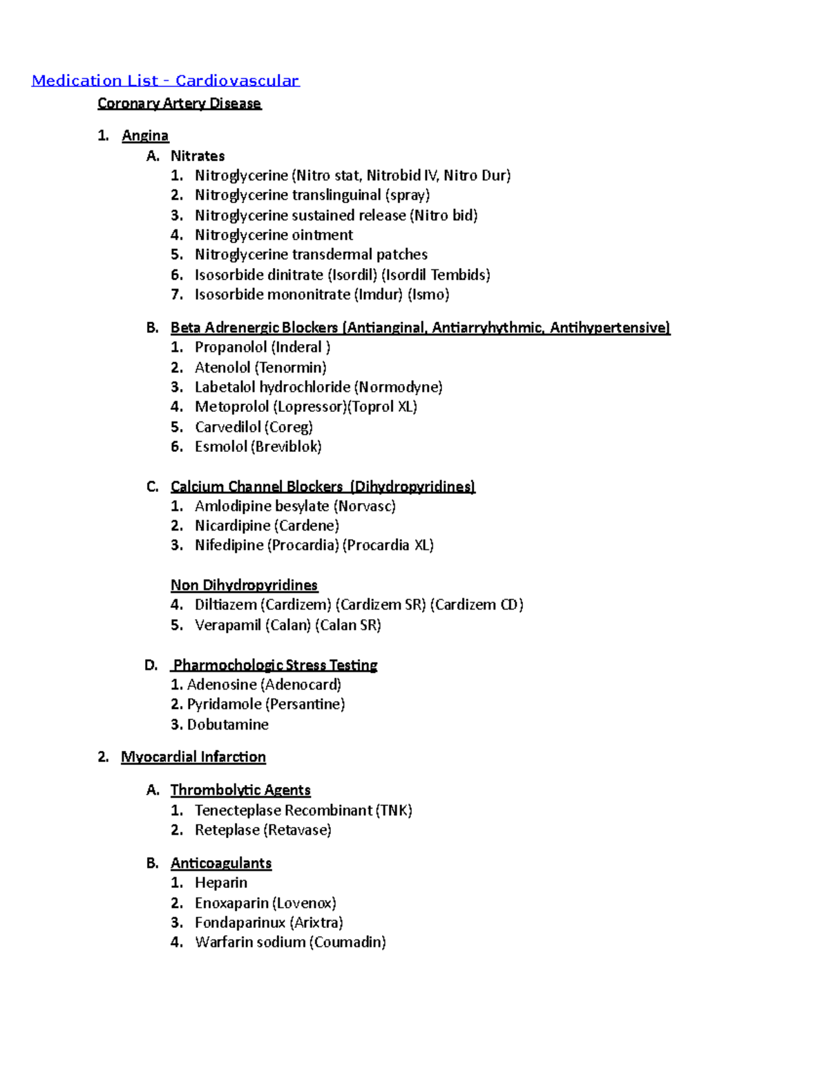 Cardiac Medication List from NU 201 Manual - Medication List ...