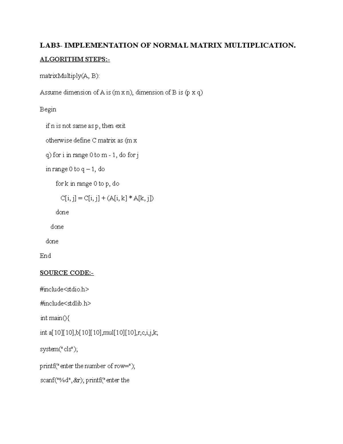 DSA LAB3- Implementation OF Normal Matrix Multiplication - LAB3 ...