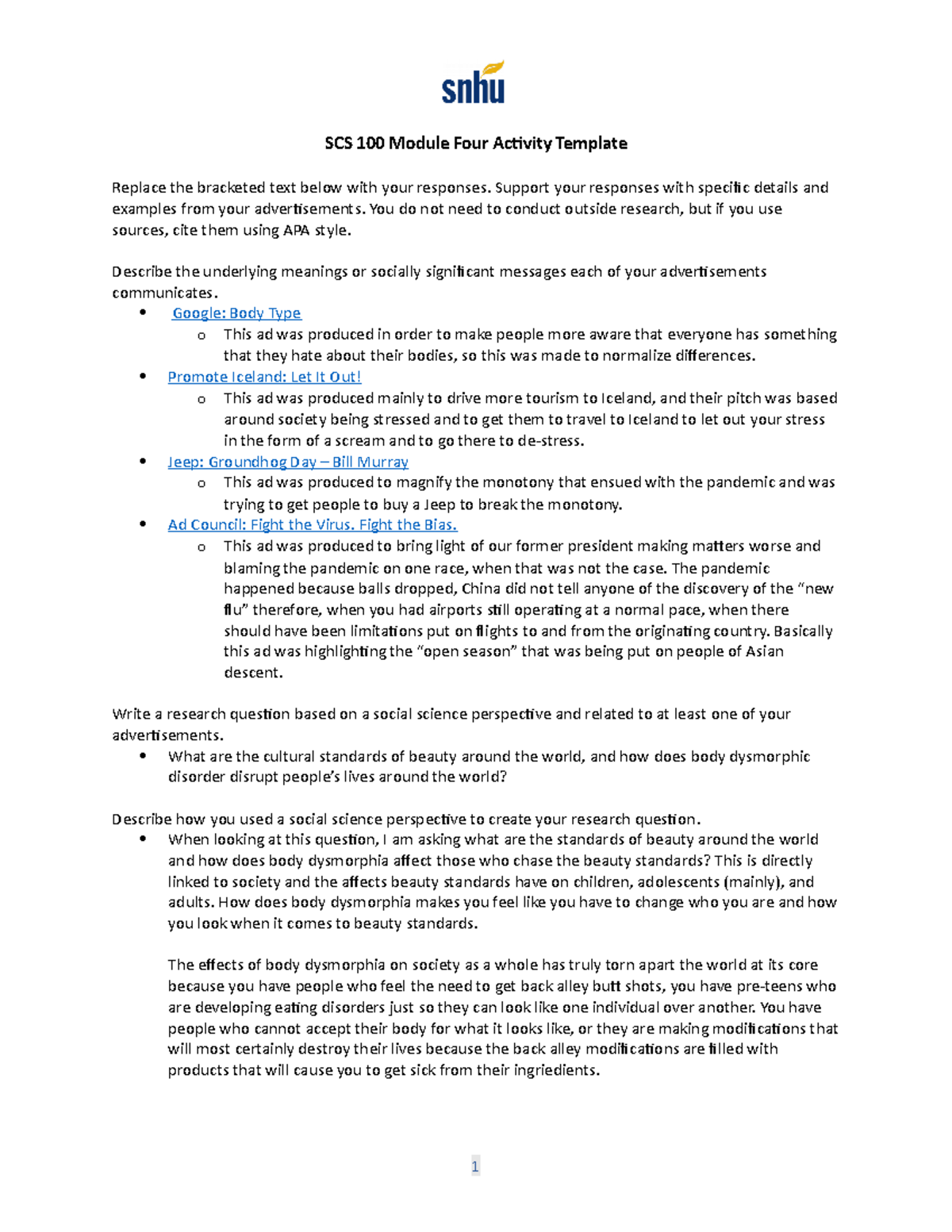 SCS 100 Module Four Activity - Support your responses with specific ...