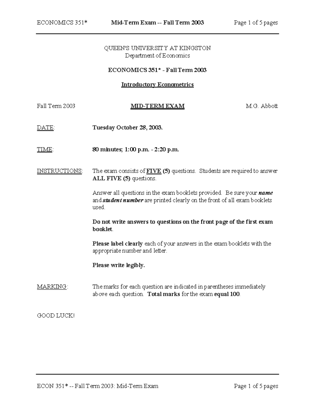 35mxmf03 Introductory Econometrics Queens University At Kingston