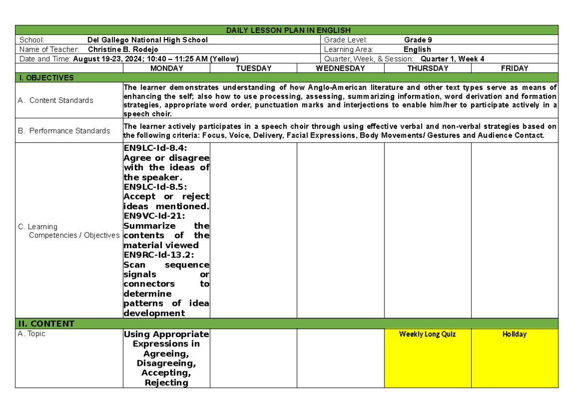 DLL Week4-English 9 - Lesson Plan - DAILY LESSON PLAN IN ENGLISH School ...