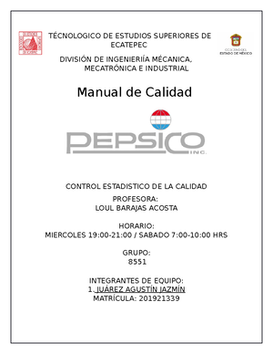 Manual de calidad, Pepsi Co - “Manual de calidad ” PRESENTADO POR ...