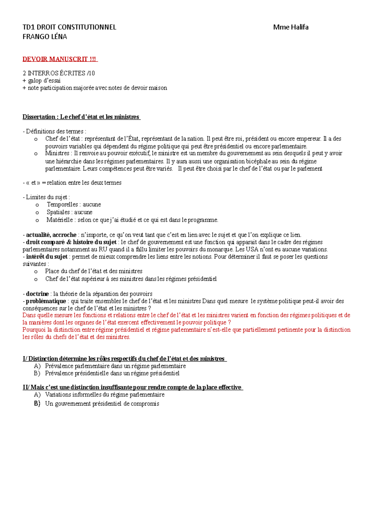 TD1 : plan dissertation le chef de l'état et les ministres - TD1 DROIT CONSTITUTIONNEL Mme ...