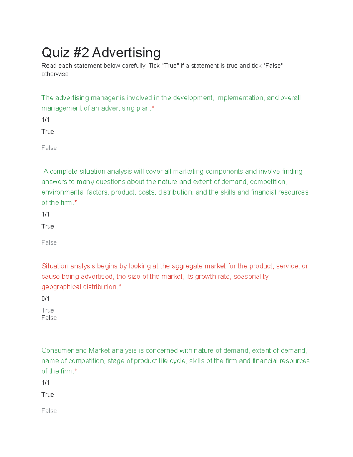 QUIZ 2- Advertising AND Sales - Quiz #2 Advertising Read each statement ...