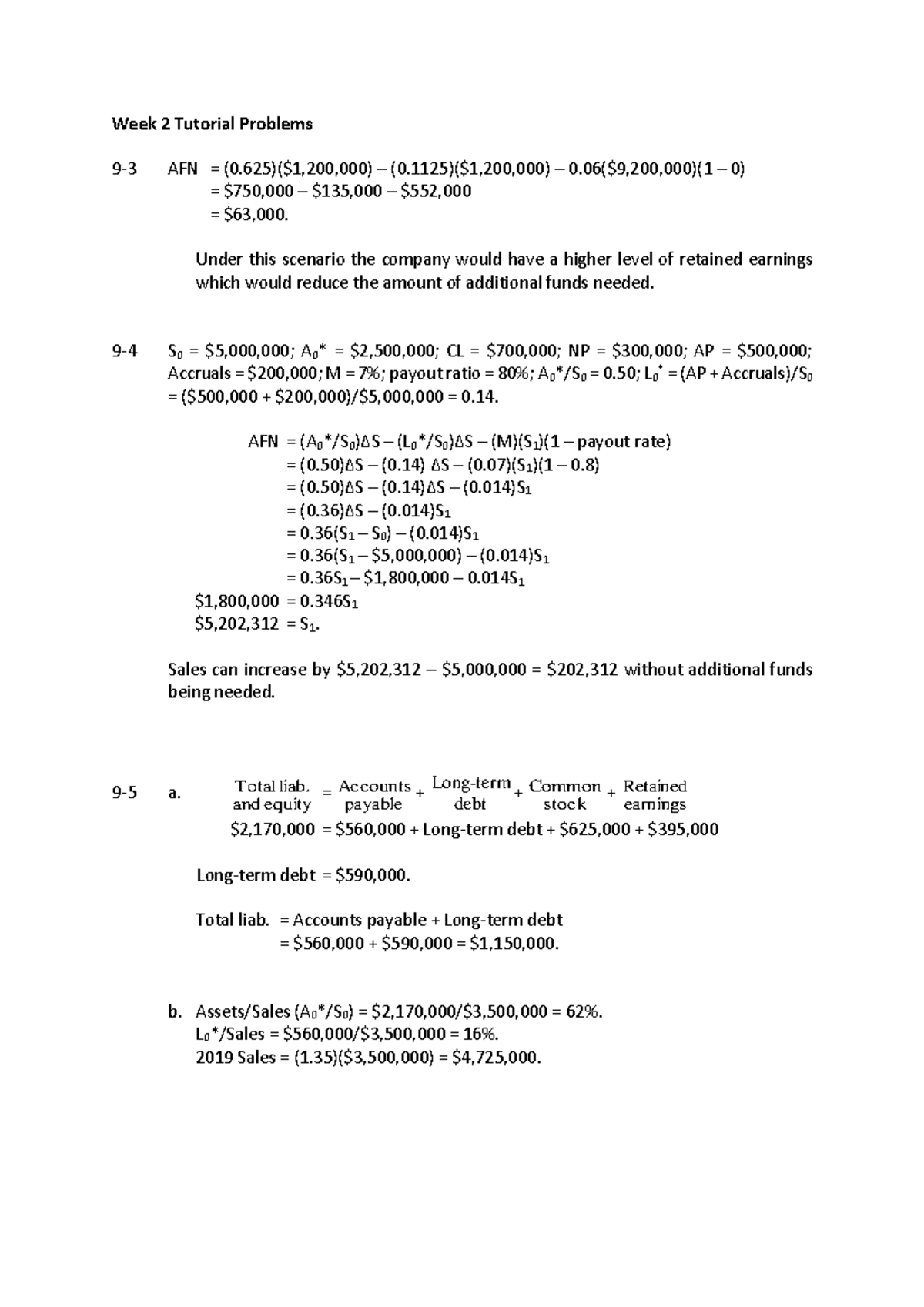 Tutorial 1 - Week 2 Tutorial Problems 9-3 AFN = (0)($1,200,000) – (0 ...