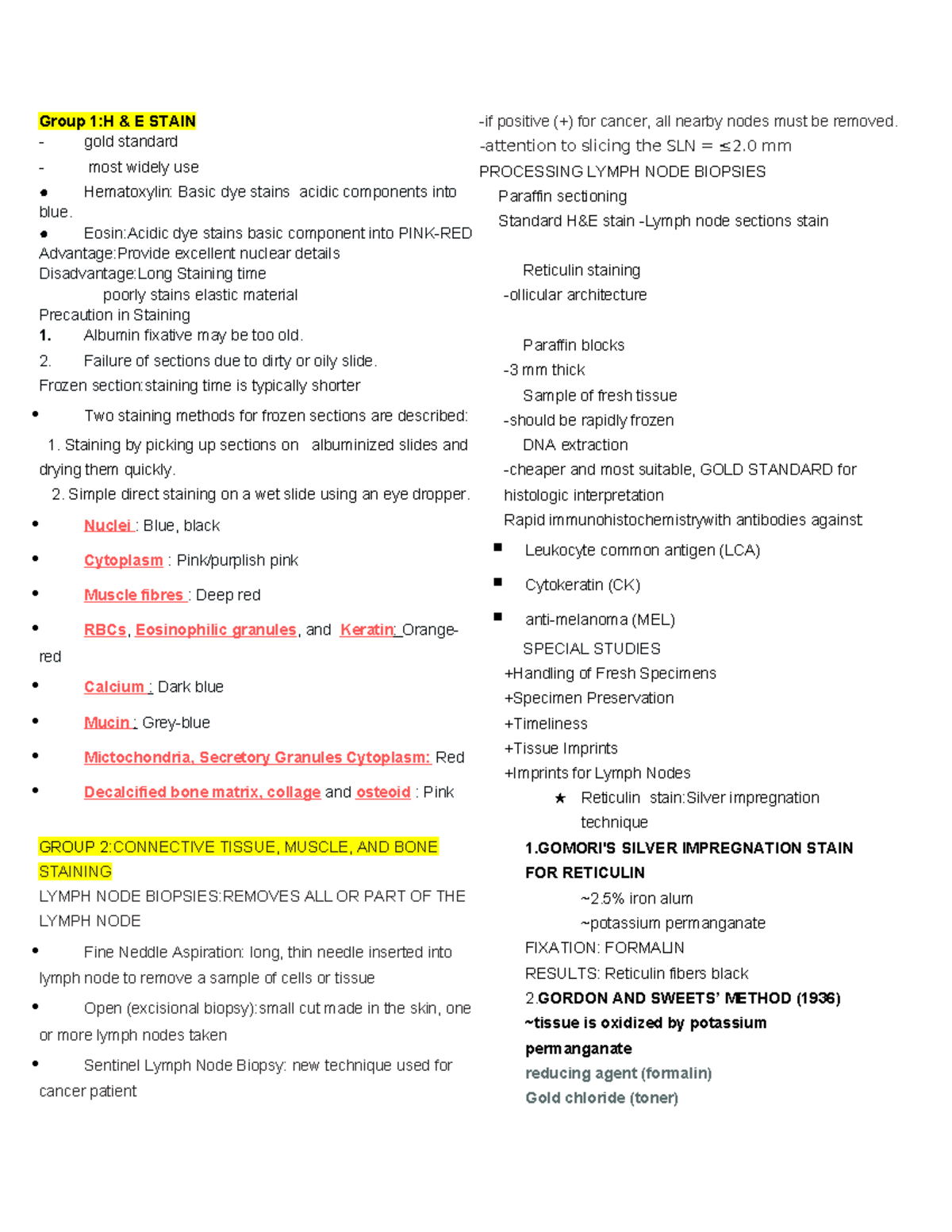 Histopath - Summary General Biology 2 - Group 1:H & E STAIN - gold ...