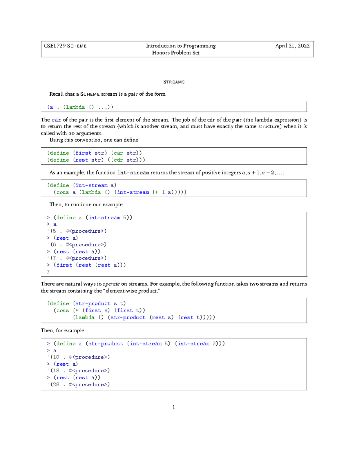 CSE1729-PS-Honors paper for exam - CSE1729-SCHEME Introduction to Programming April 21, 2022 ...