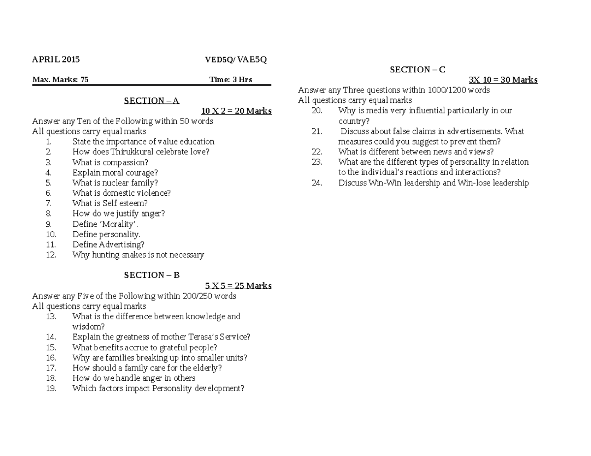 Value Document - APRIL 2015 VED5Q/ VAE5Q Max. Marks: 75 Time: 3 Hrs SECTION – A 10 X 2 = 20 ...
