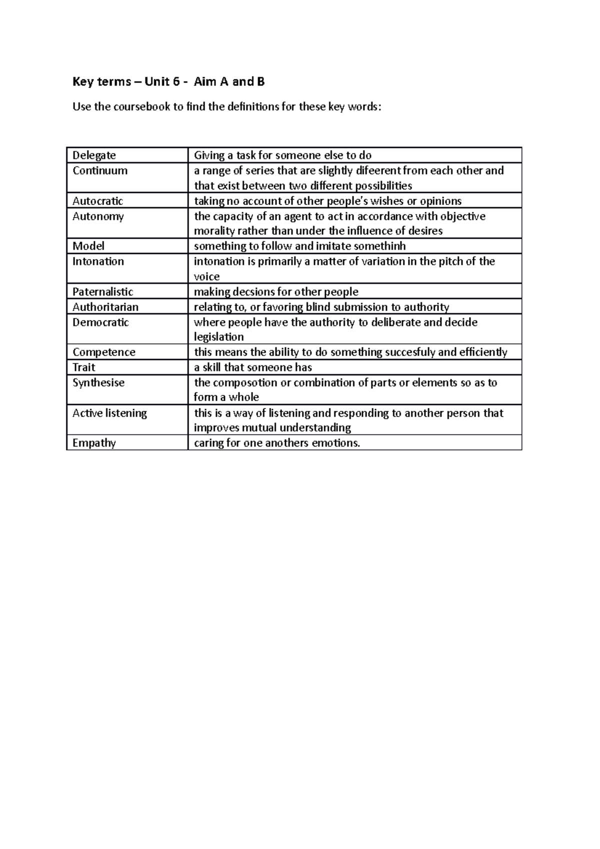 Key terms Aim A and B - it helps a lot - Key terms – Unit 6 - Aim A and B Use the coursebook to ...