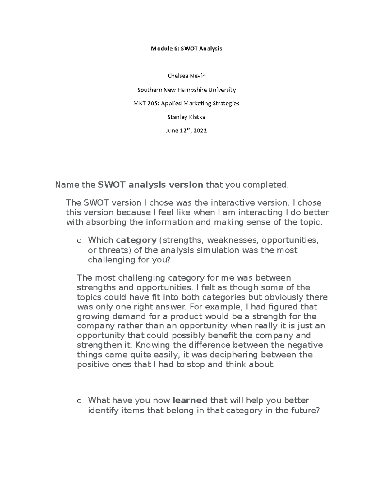 Module 6 SWOT - business - Module 6: SWOT Analysis Chelsea Nevin ...