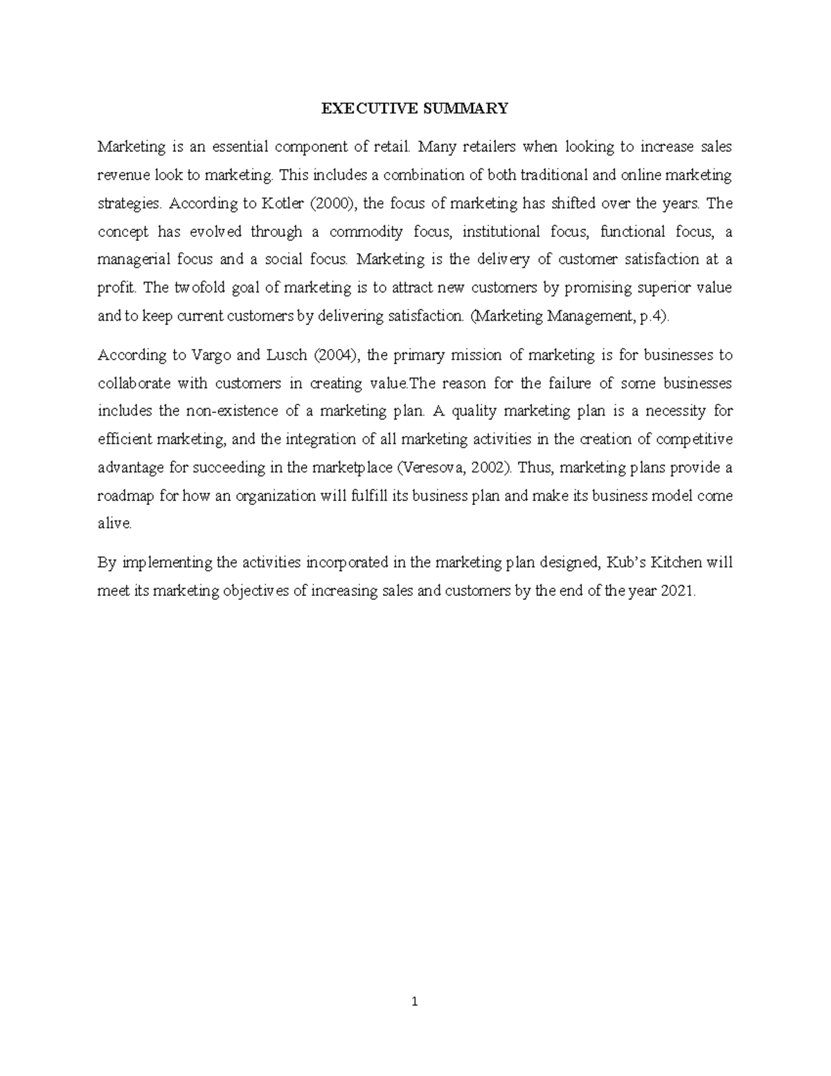 Marketing Plan for a new business - EXECUTIVE SUMMARY Marketing is an ...