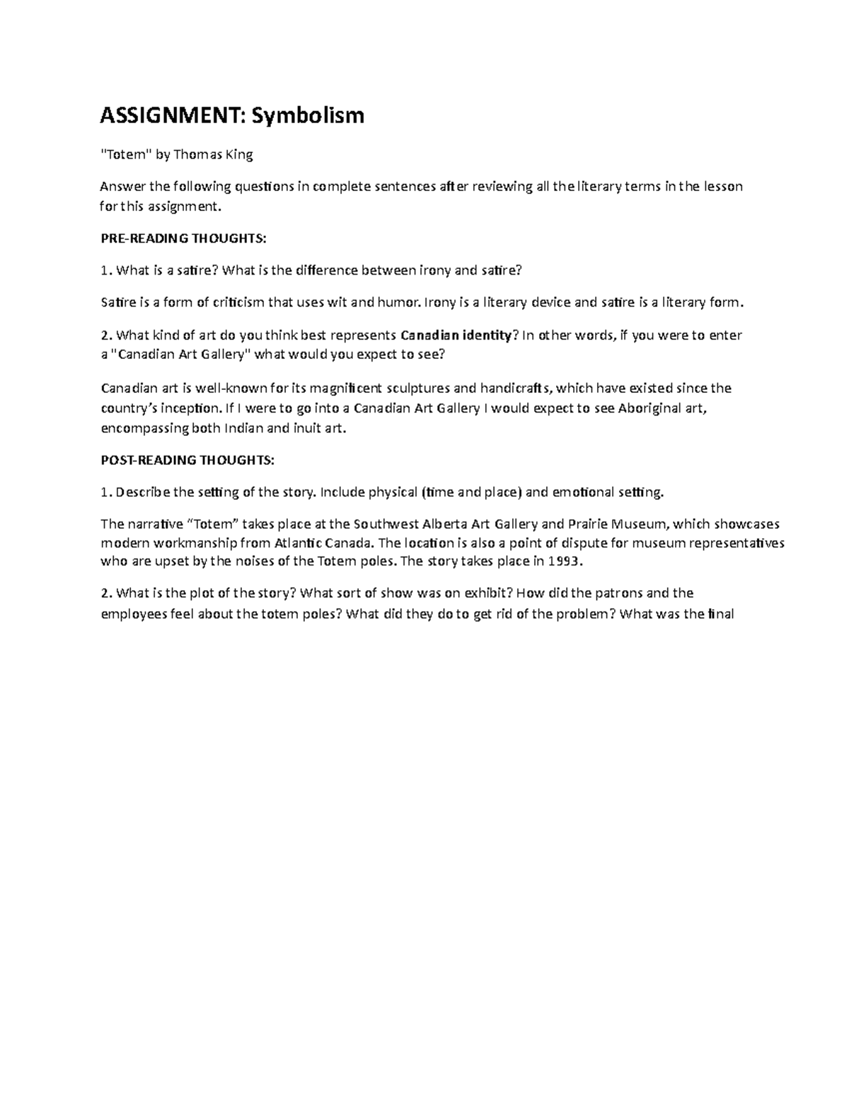 Symbolism Response Worksheet - ASSIGNMENT: Symbolism "Totem" by Thomas ...