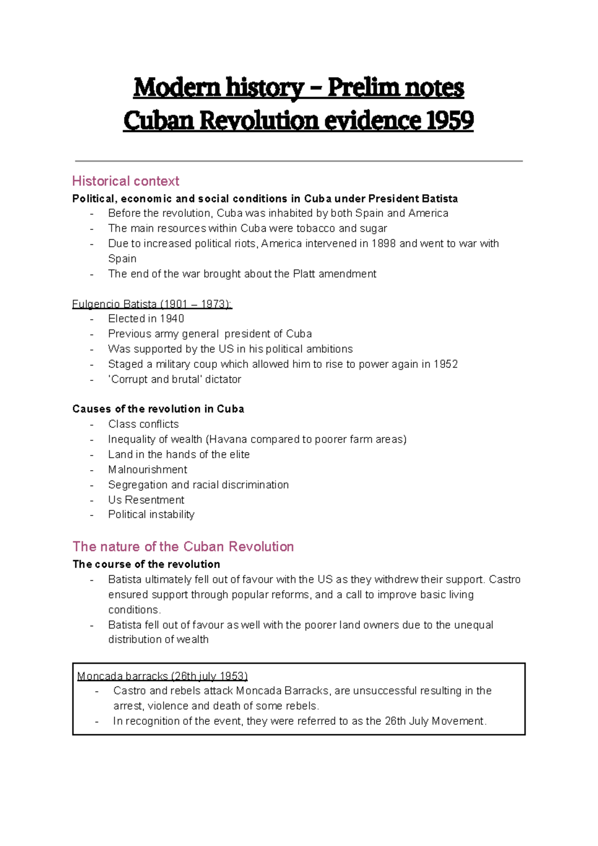 Modern notes - Cuban Revolution core syllabus notes - Modern history ...