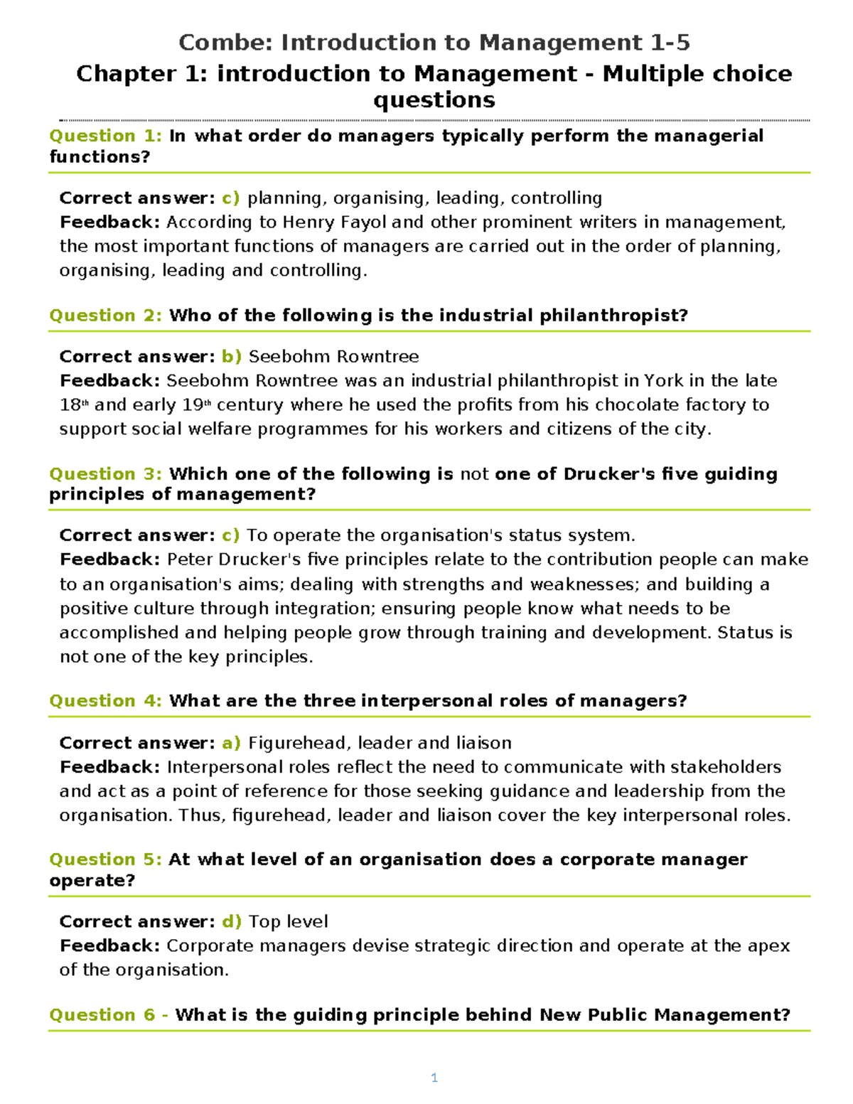 Combe Introduction to Management 1-5 answer - Combe: Introduction to ...