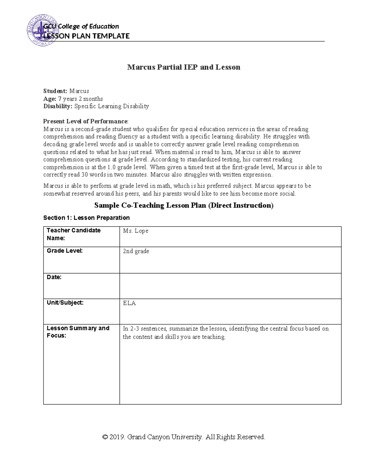SPD 550 RS Marcus Partial IEP and Lesson - LESSON PLAN TEMPLATE Marcus ...