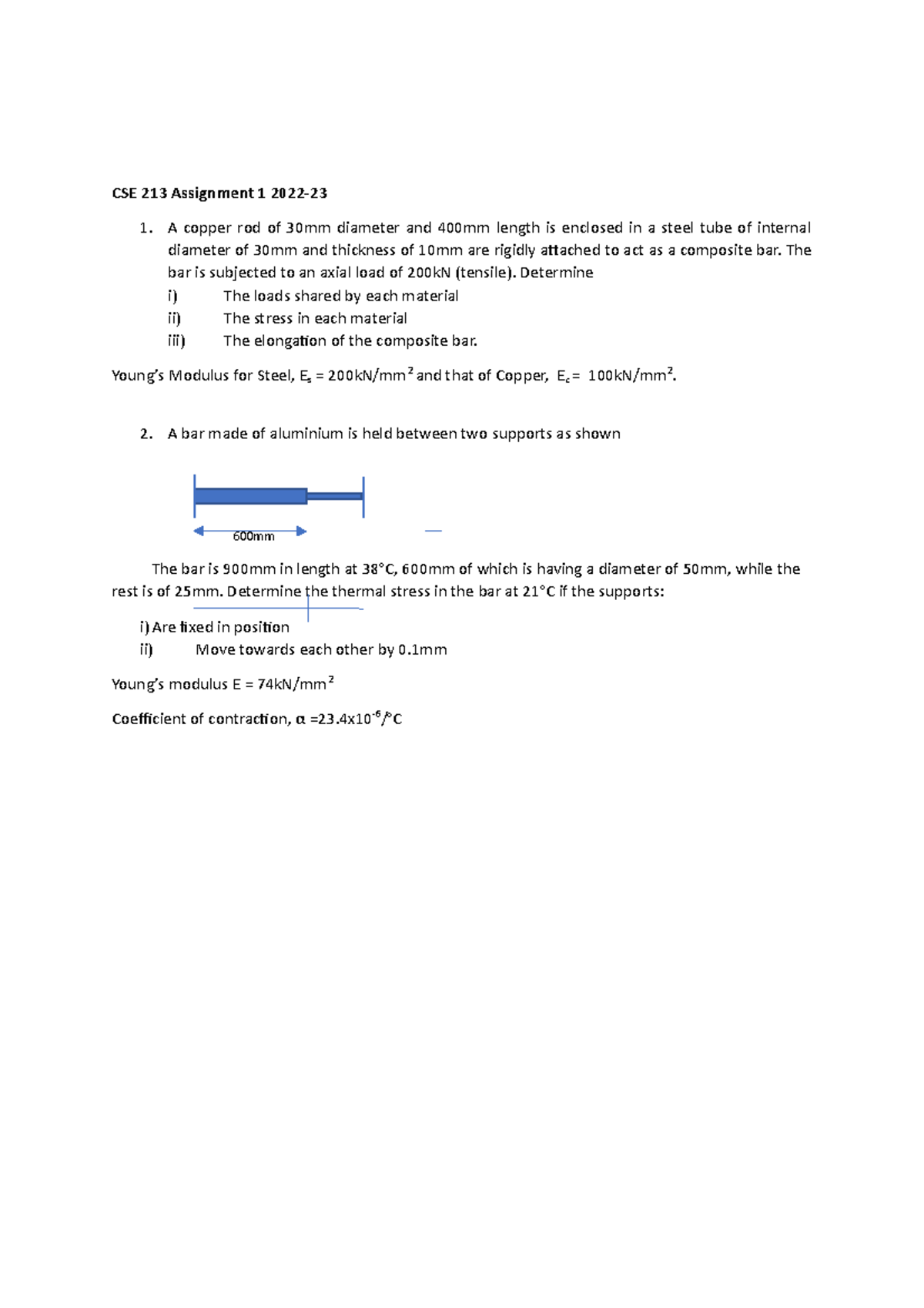 CSE 213 Assignment 1 2022-23 - CSE 213 Assignment 1 2022- A copper rod of 30mm diameter and ...