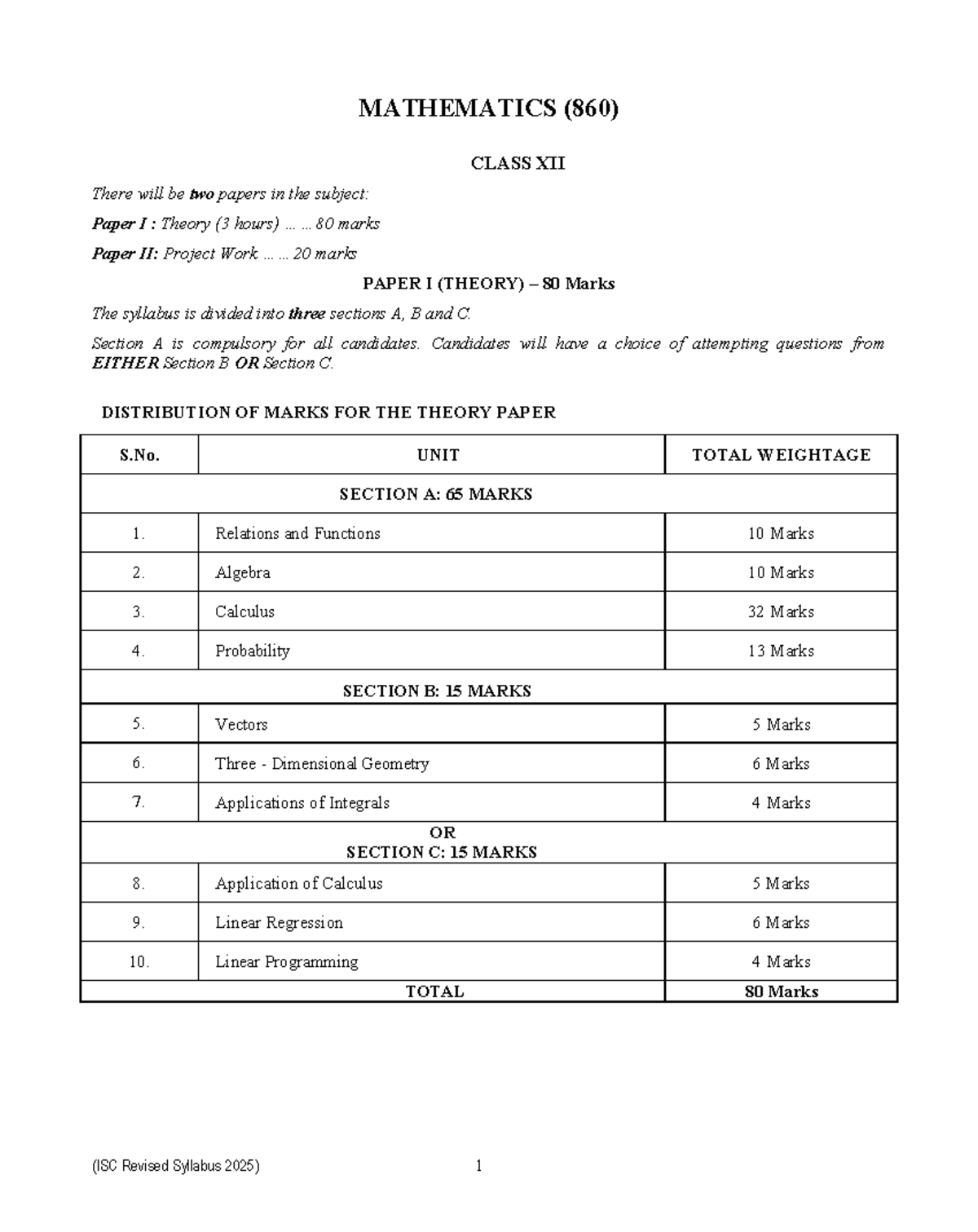 8 - Good - MATHEMATICS (860) CLASS XII There will be two papers in the ...