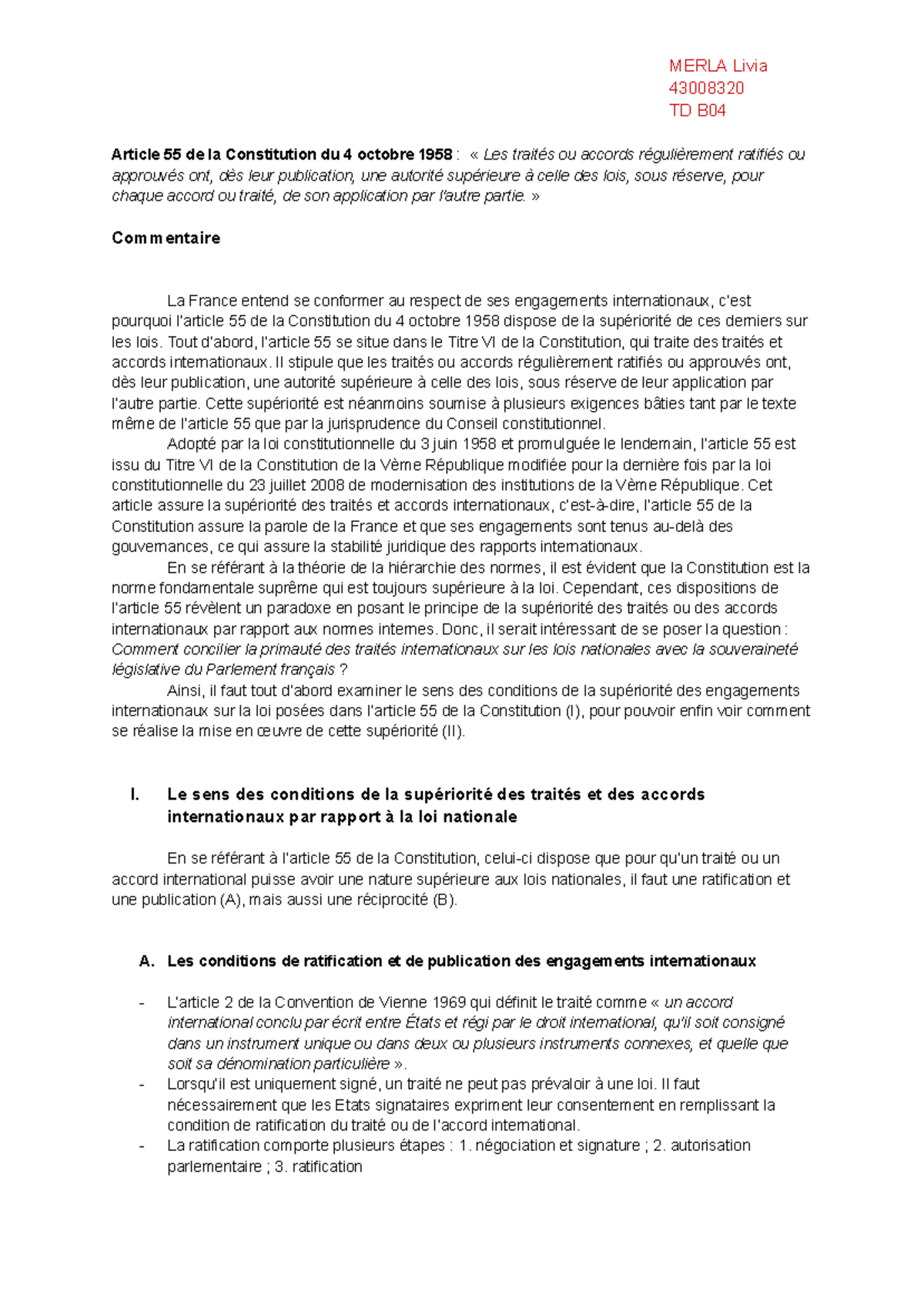 Commentaire de l'article 55 de la Constitution - MERLA Livia 43008320 TD B Article 55 de la ...