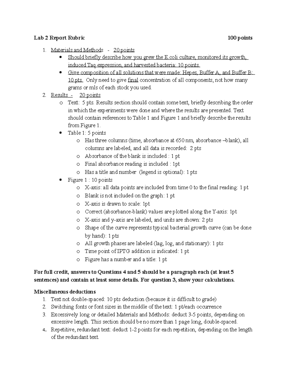 Lab 2 Report Rubric - Student copy(1) - Lab 2 Report Rubric 100 points ...