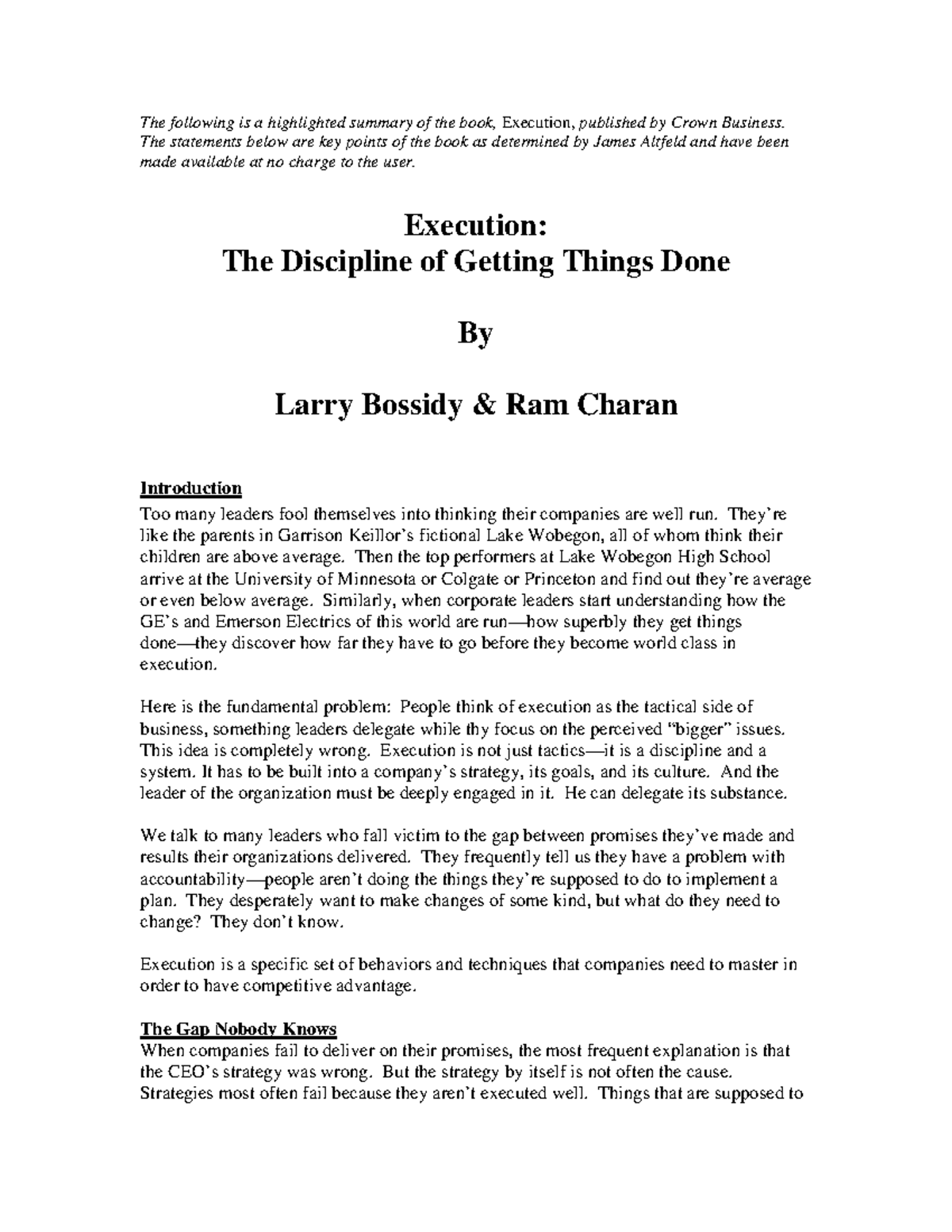 Execution The Discipline of Getting Things Done - The following is a ...