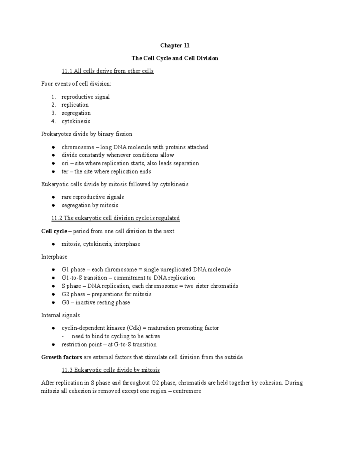 Chapter 11 summary - Chapter 11 The Cell Cycle and Cell Division 11 All ...