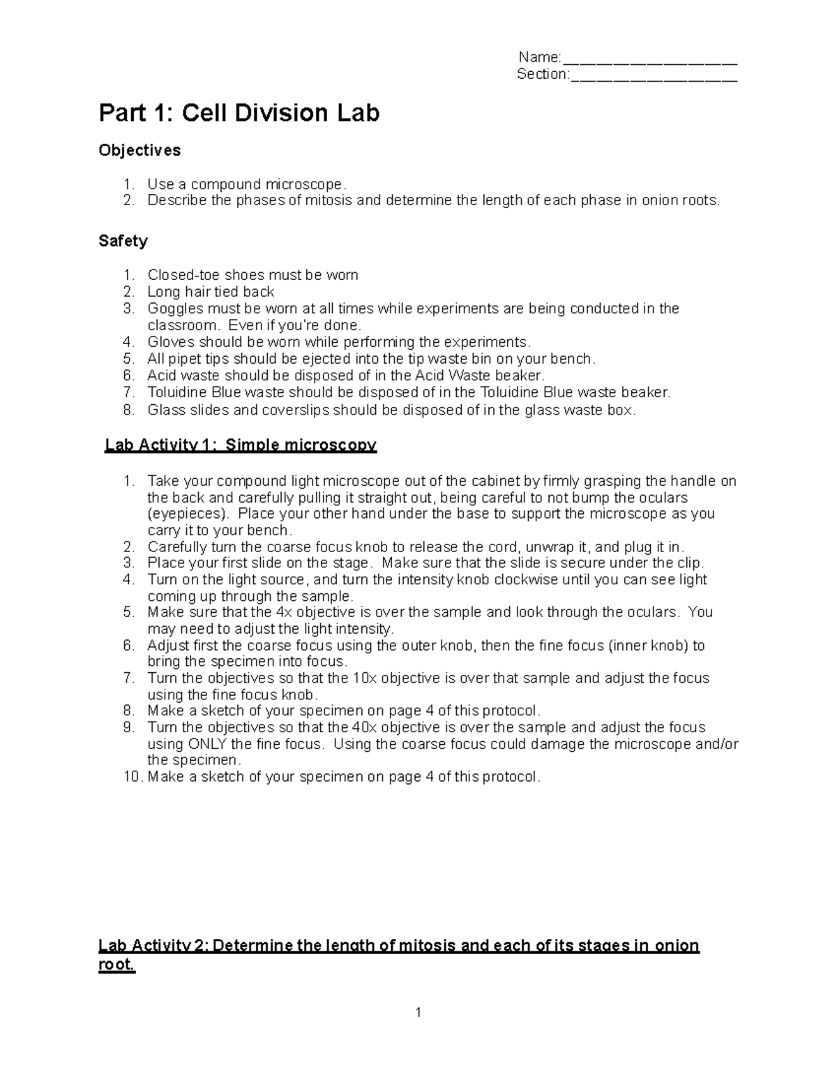 CELL Division LAB Needed FOR TMR - Section:____________________ Part 1 ...