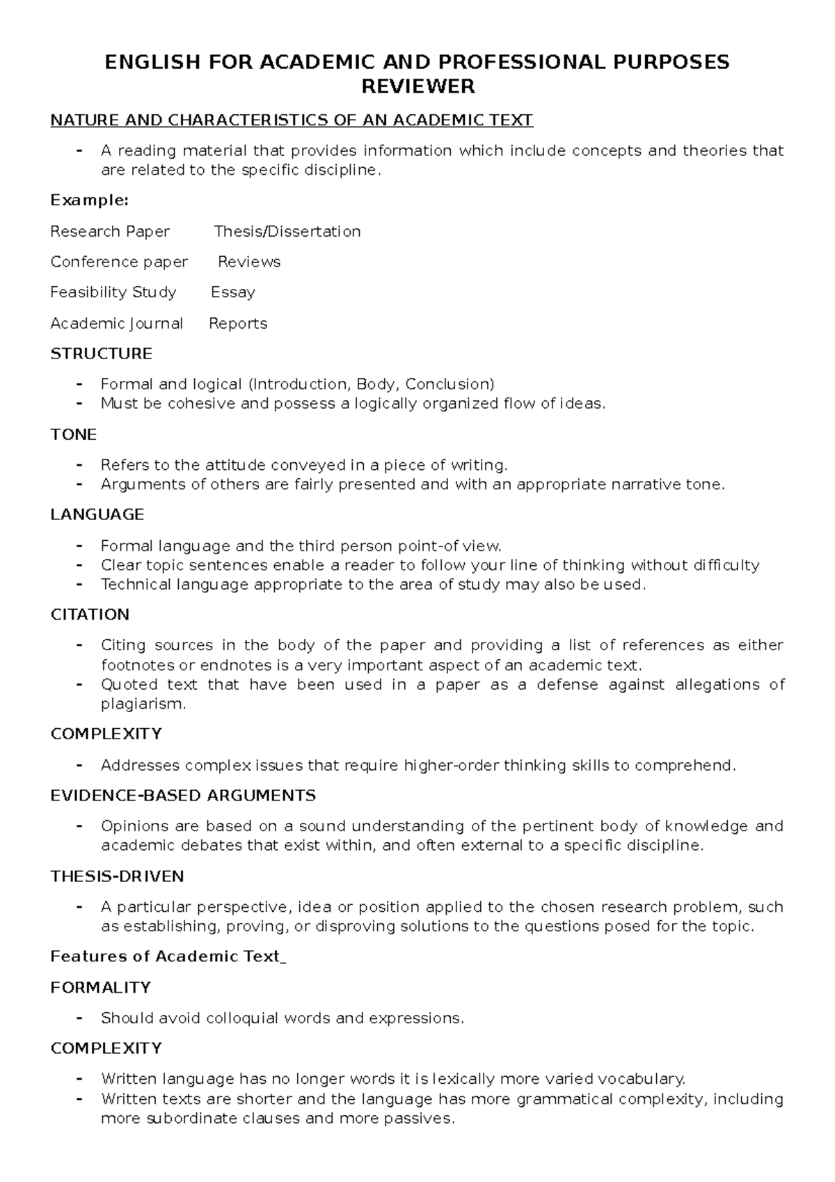 English FOR Academic AND Professional Purposes Reviewer - ENGLISH FOR ACADEMIC AND PROFESSIONAL ...