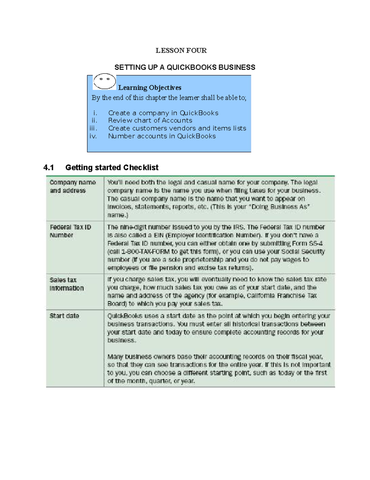 Quickbooks final - LESSON FOUR SETTING UP A QUICKBOOKS BUSINESS ...