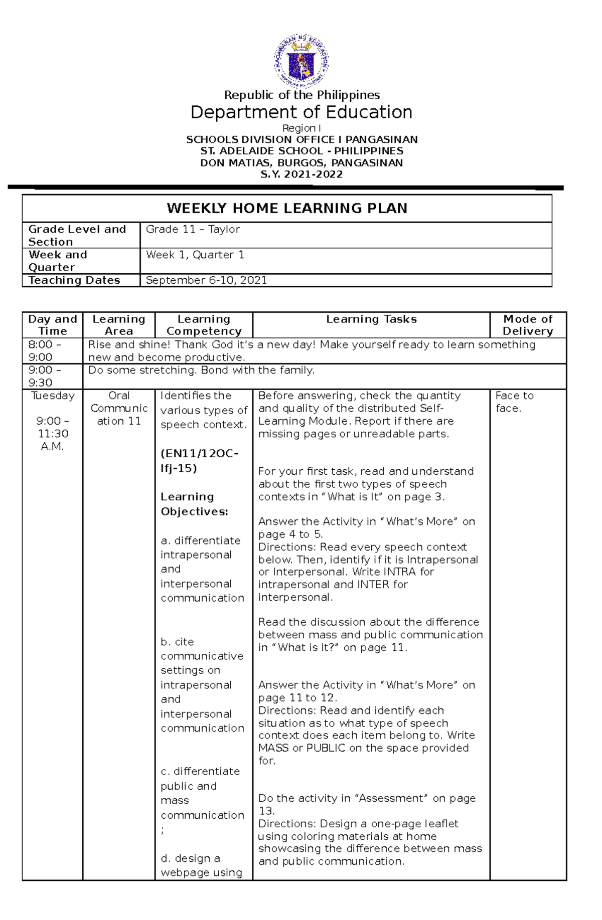 Weekly Home Learning Plan - Republic of the Philippines Department of ...