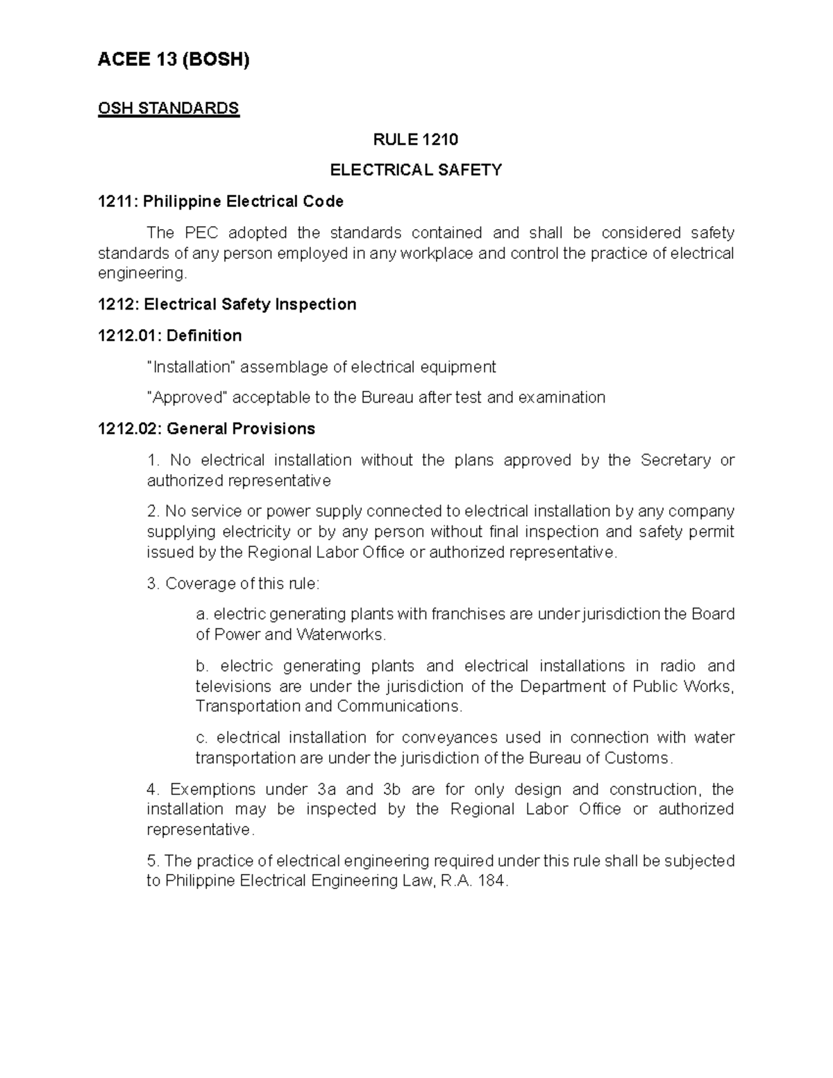 ACEE13-BOSH-REV - Summary Bachelor of Science in Electrical Engineering - OSH STANDARDS RULE ...