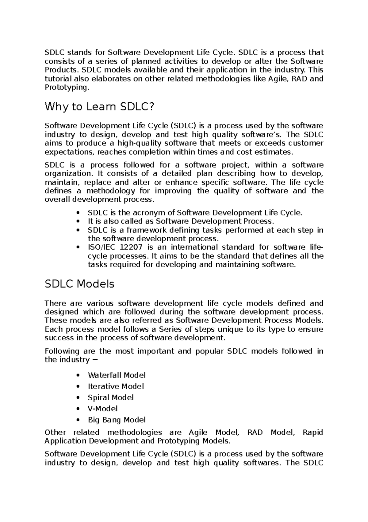 Module 1 - SDLC stands for Software Development Life Cycle. SDLC is a ...