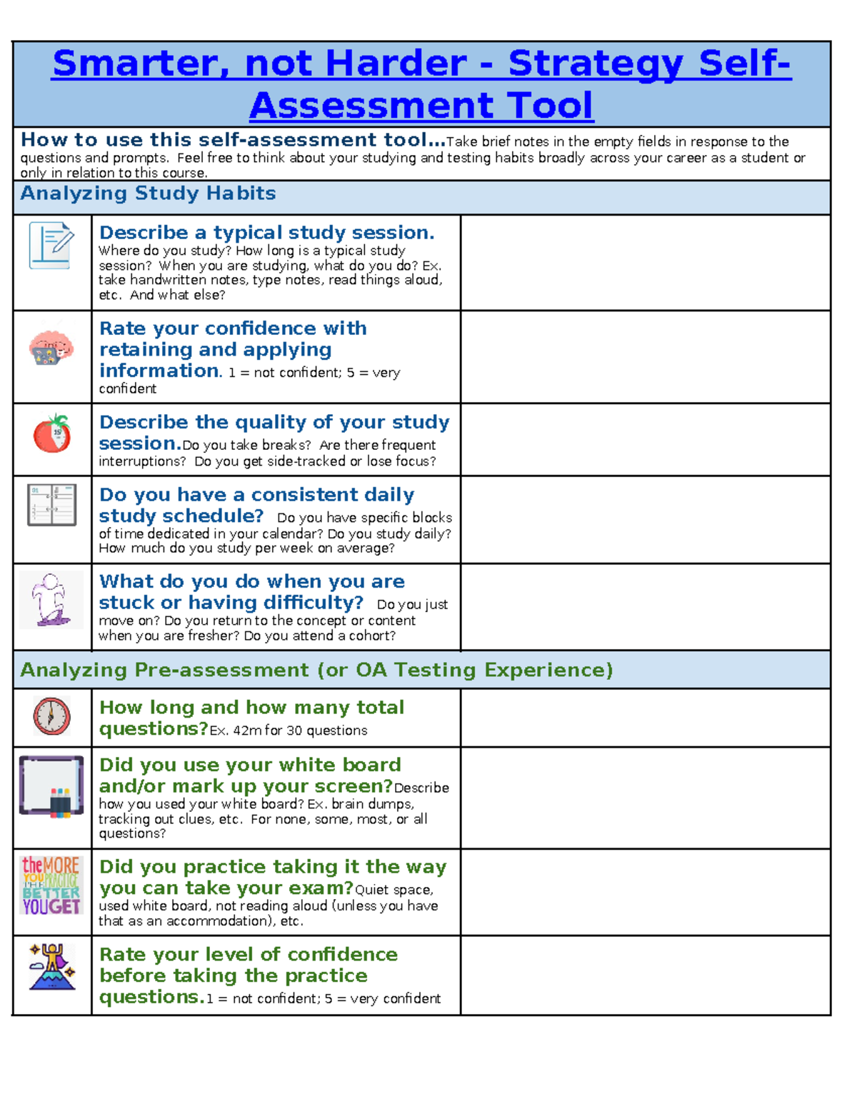 Smarter, not Harder Strategy Self Assessment Tool - study & test taking ...