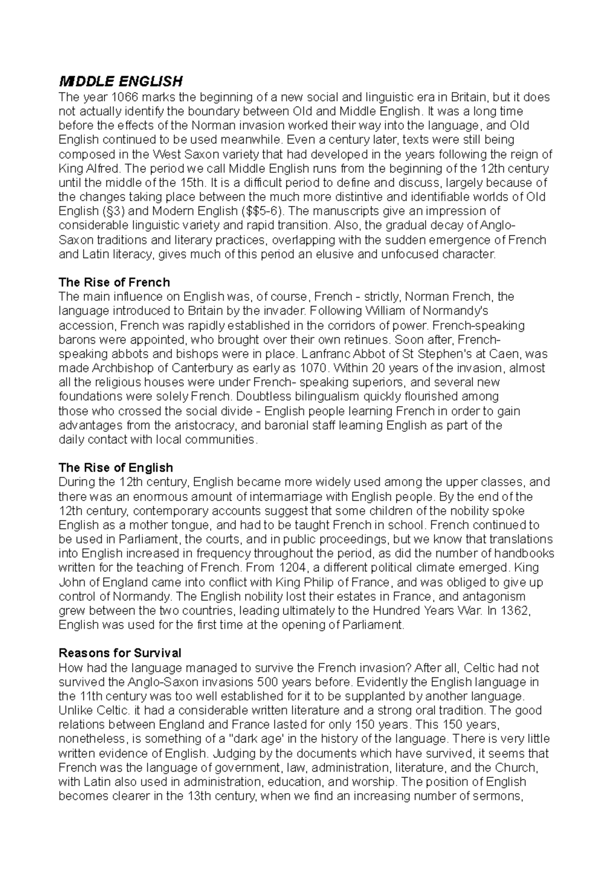 Middle english - Riassunto - MIDDLE ENGLISH The year 1066 marks the ...