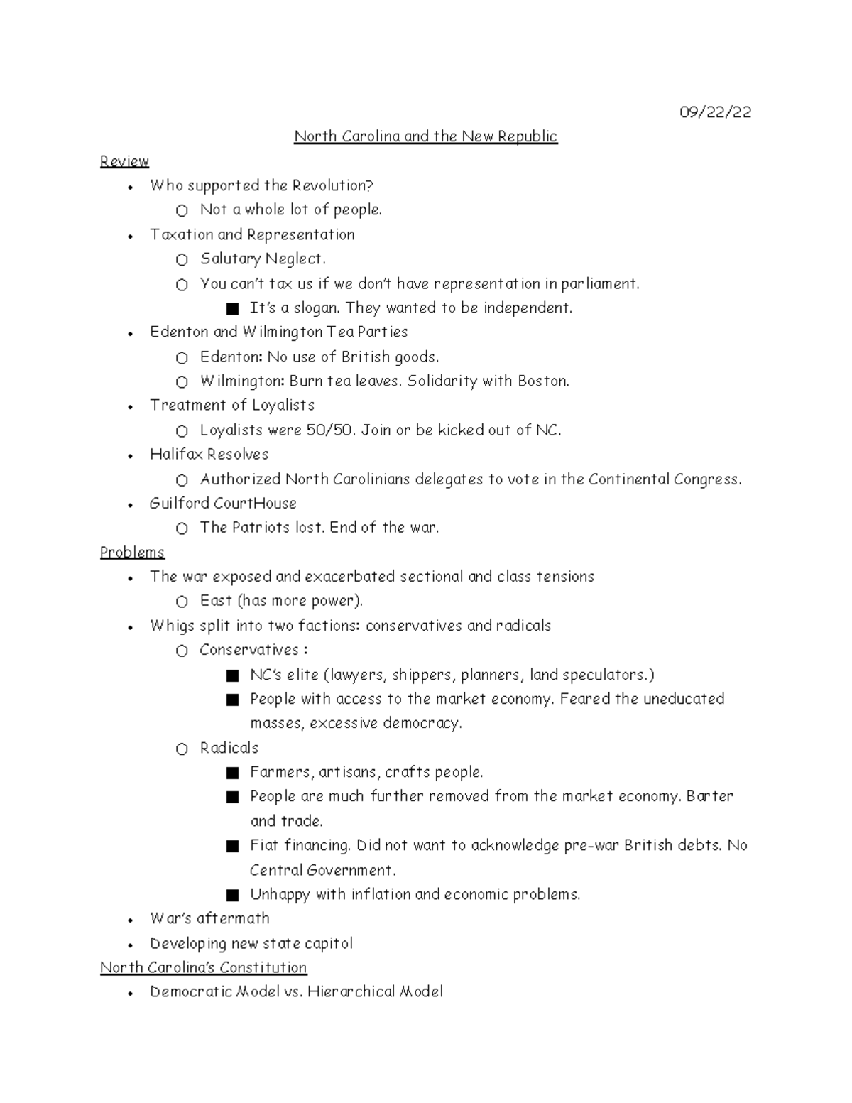 North Carolina and the New Republic September 22 - 09/22/ North ...
