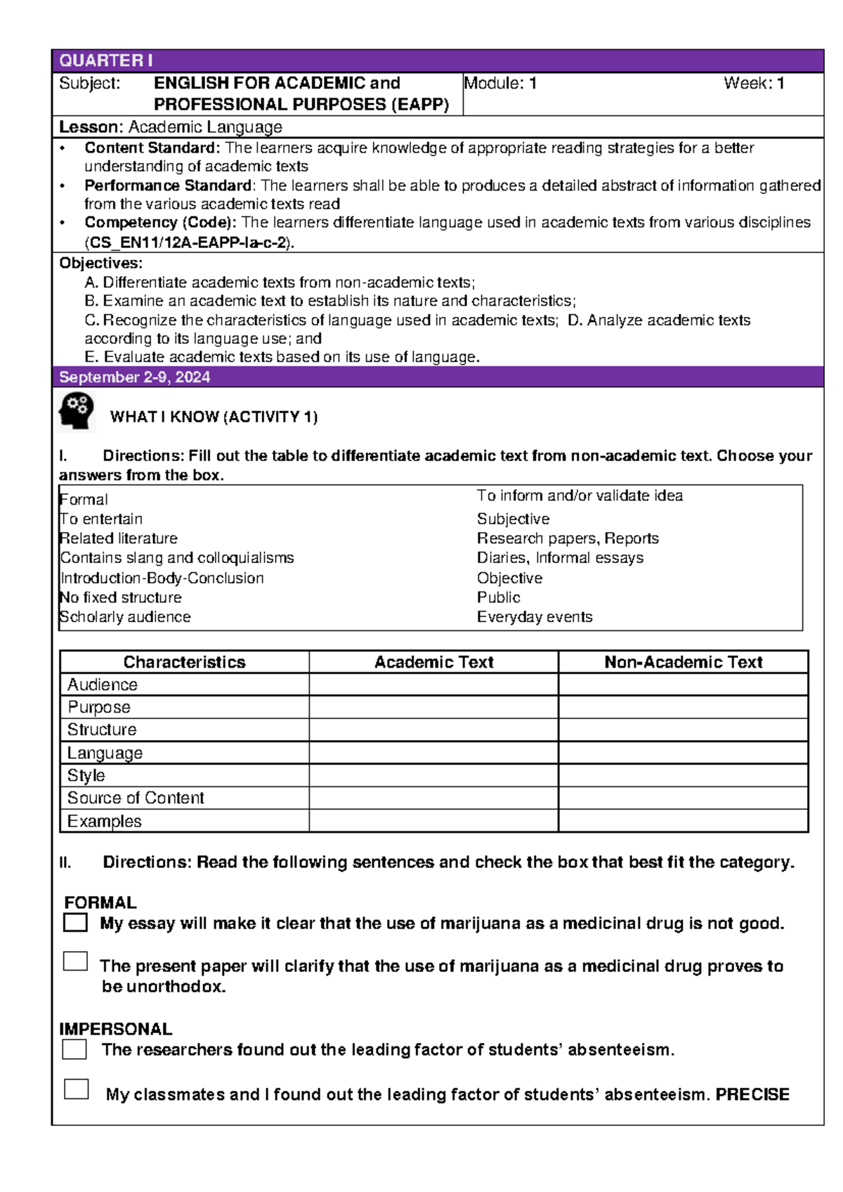 Grade 12 Module Activity EAPP - QUARTER I Subject: ENGLISH FOR ACADEMIC ...