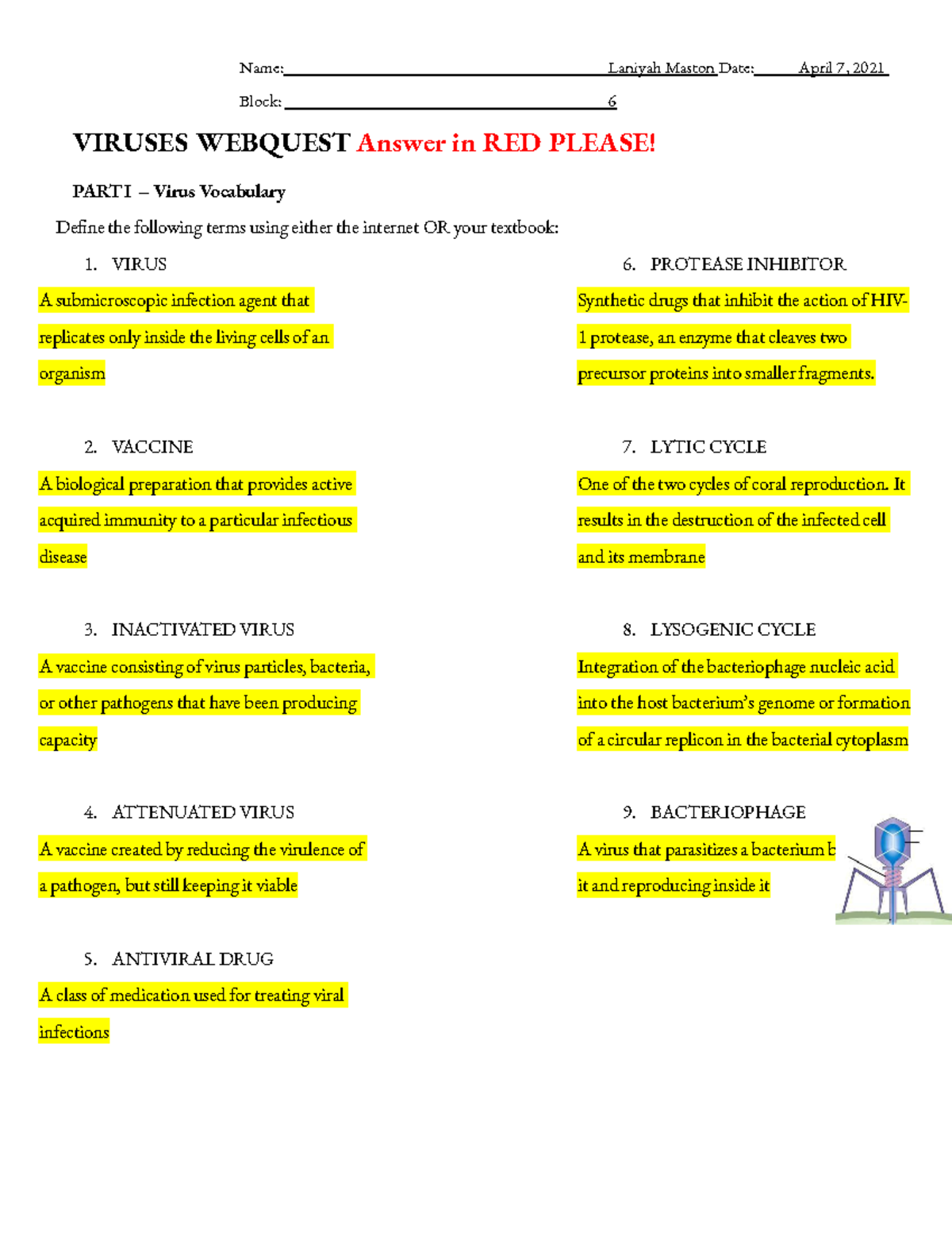 Virus Webquest 21 - Name: Block: Laniyah Maston 6 Date: April 7, 2021 ...