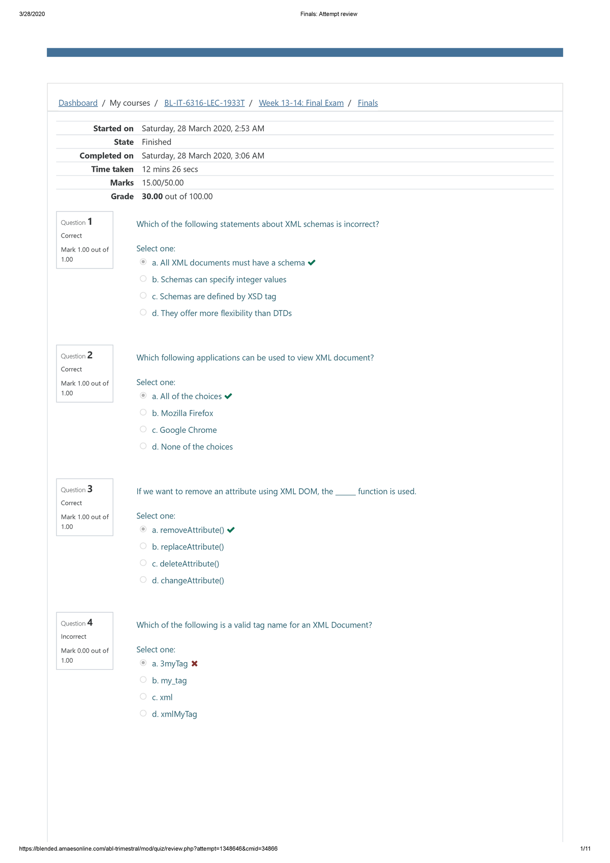 Finals Attempt review - note - Dashboard / My courses / BL-IT-6316-LEC-1933T / Week 13-14: Final ...