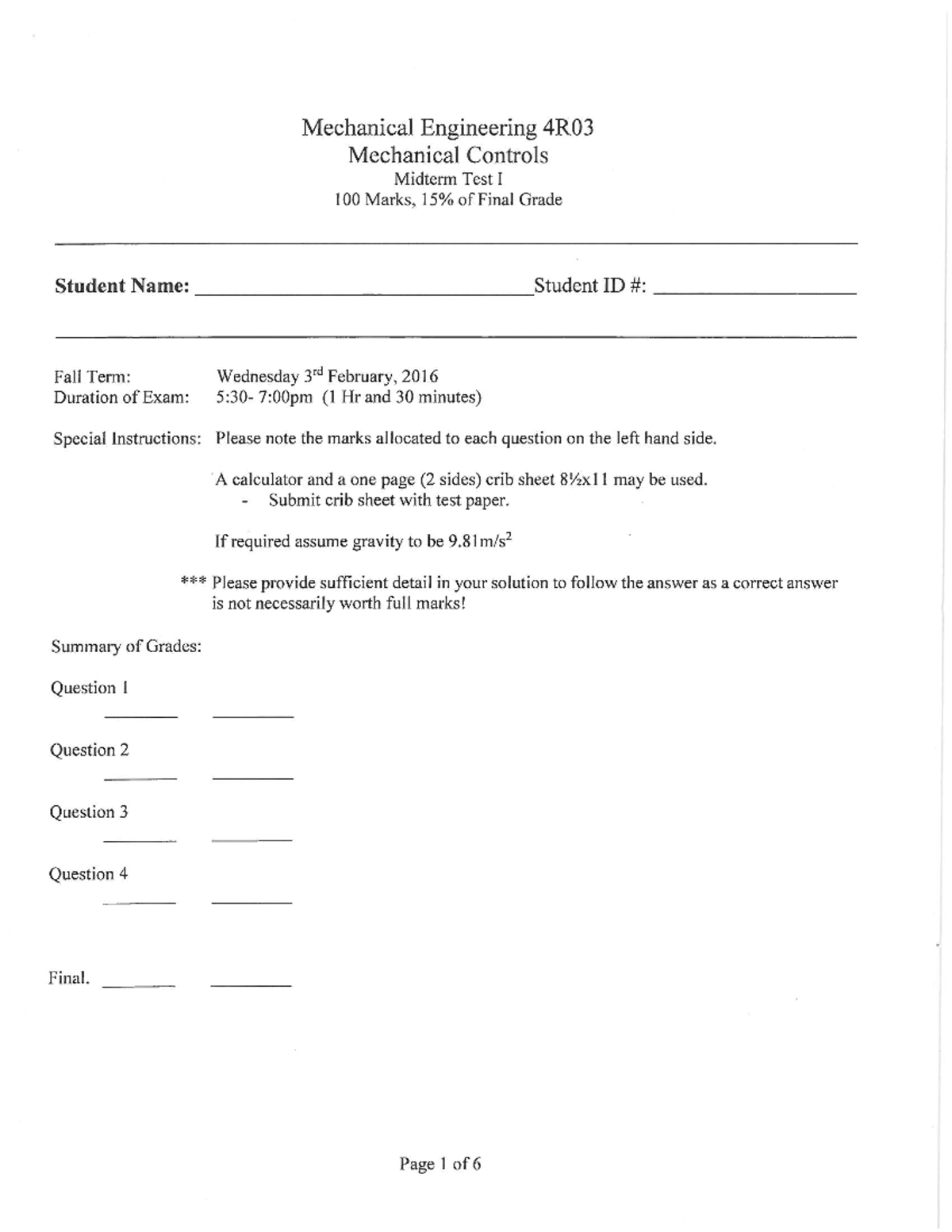 Midterm 1 Exam solutions 2016 - Mech Eng 4R03 - Studocu