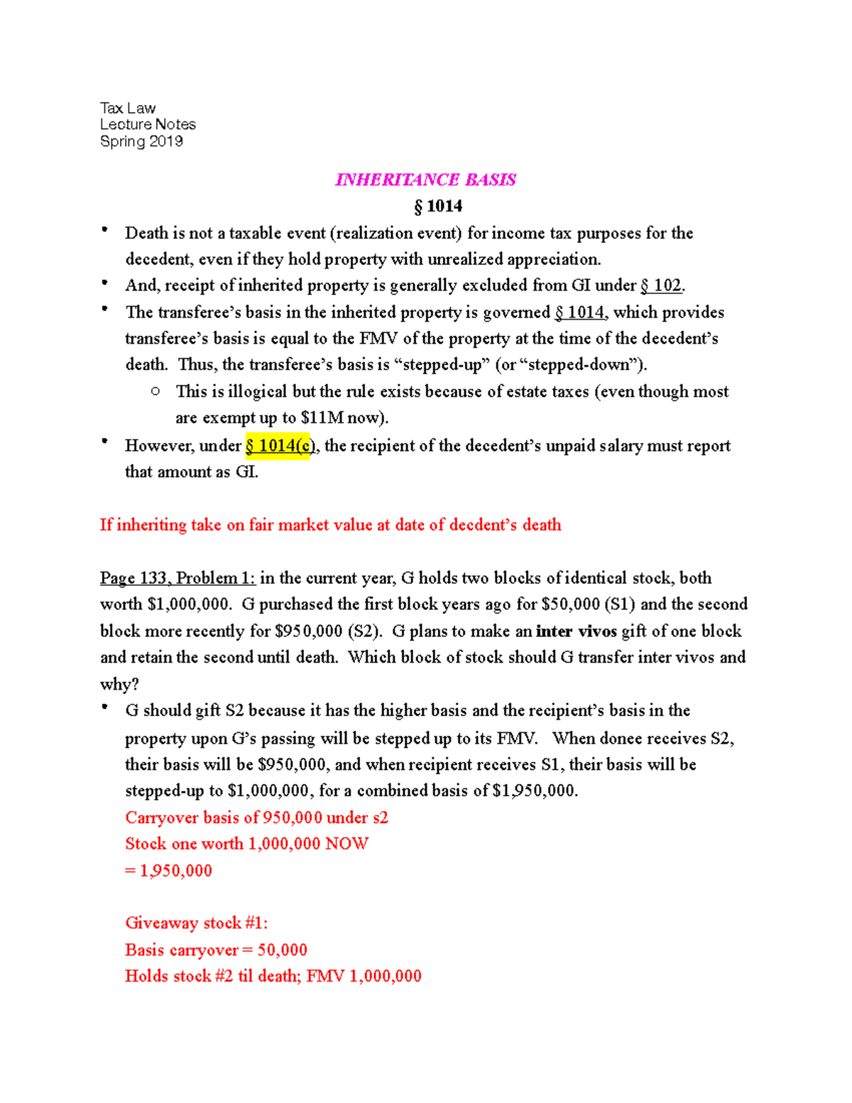 Inheritance Basis Lecture Notes 2 Tax Law Lecture Notes Spring 2019 Inheritance Basis § 1014 