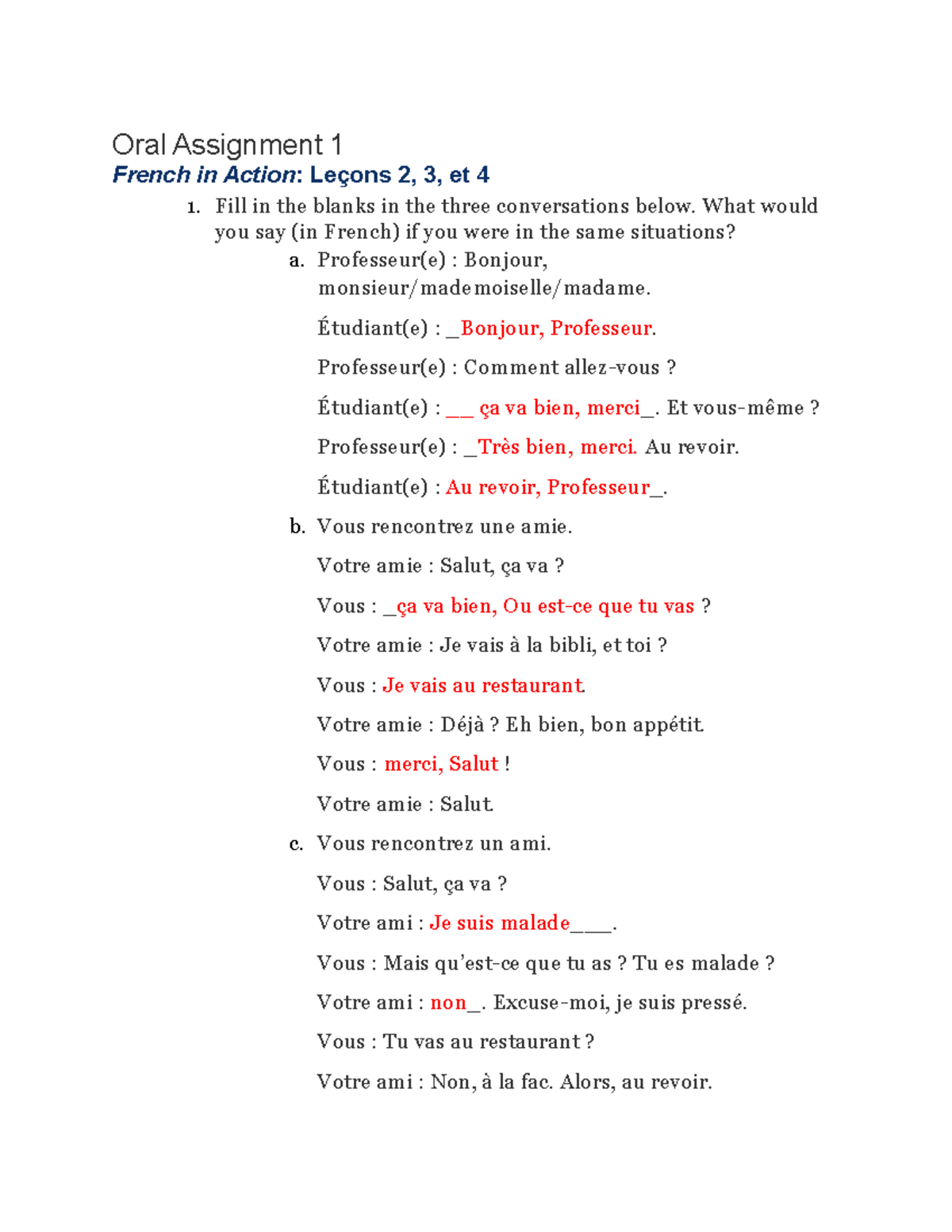French Oral Assignment 1 complete - Oral Assignment 1 French in Action ...
