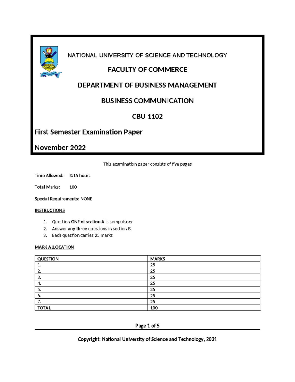 CBU 1102 - MAIN Paper - December 2022 - NATIONAL UNIVERSITY OF SCIENCE ...